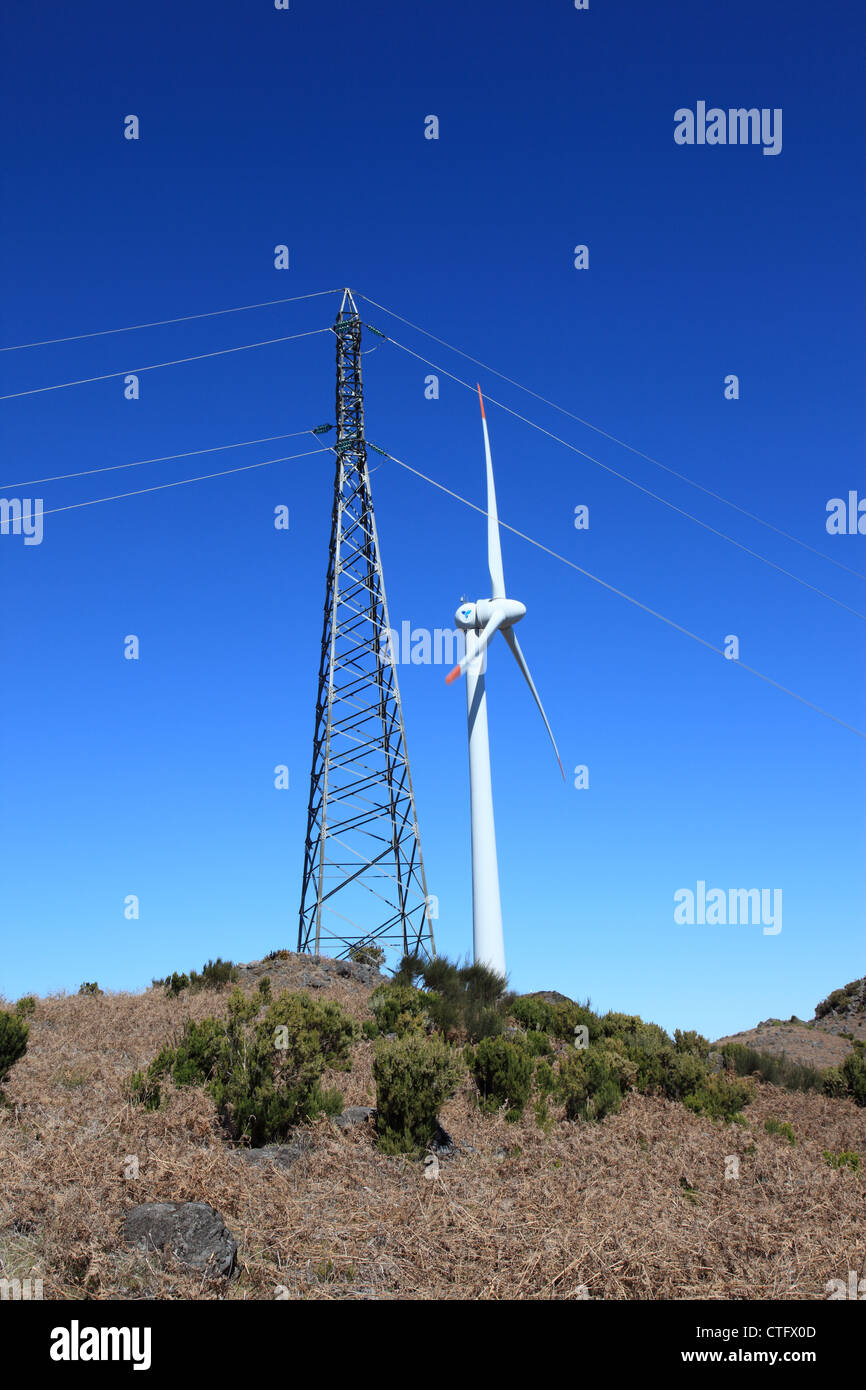 wind turbine and electrical power line with clear blue sky, Paul da ...