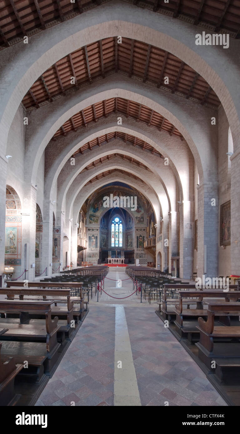 The historic duomo in Gubbio. 12th century architecture. Long central ...