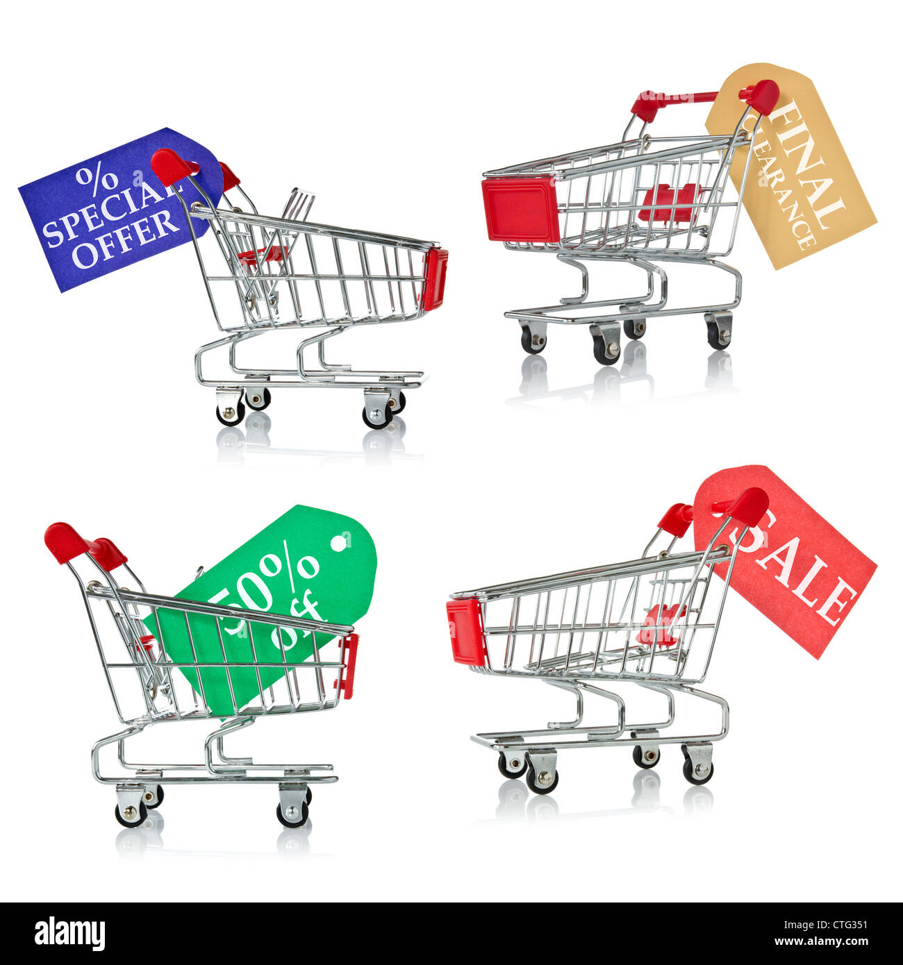 shopping carts with tags of discount and sale. Isolated on white ...
