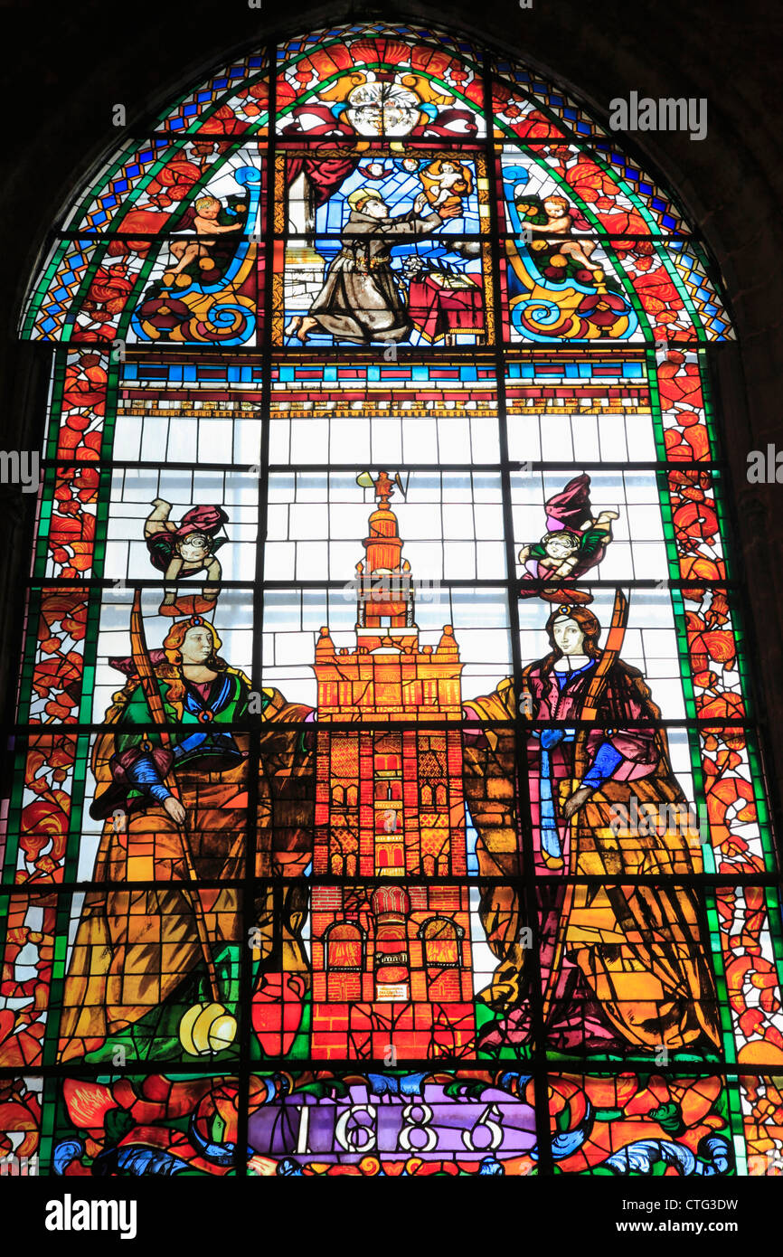 Spain, Andalusia, Seville, Cathedral, stained glass window Stock Photo ...