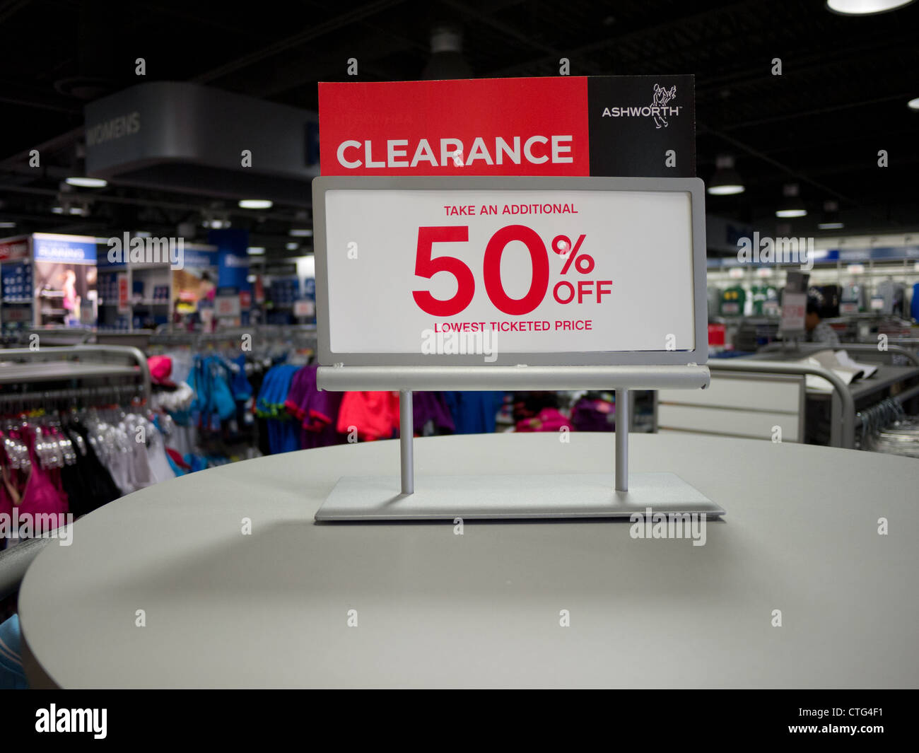 clearance 50% off sale discount retail store Stock Photo - Alamy