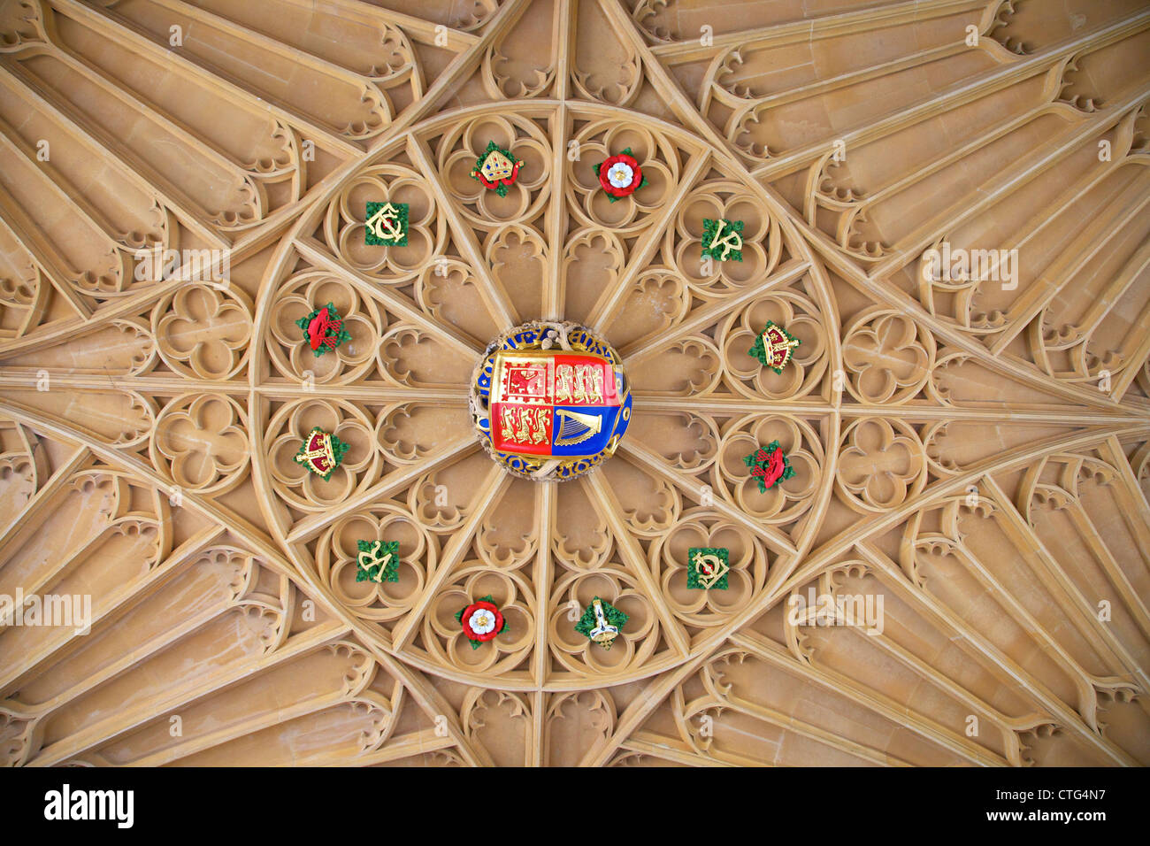 Fan-vault covered with heraldic arms at the Great Gatehouse, Hampton ...