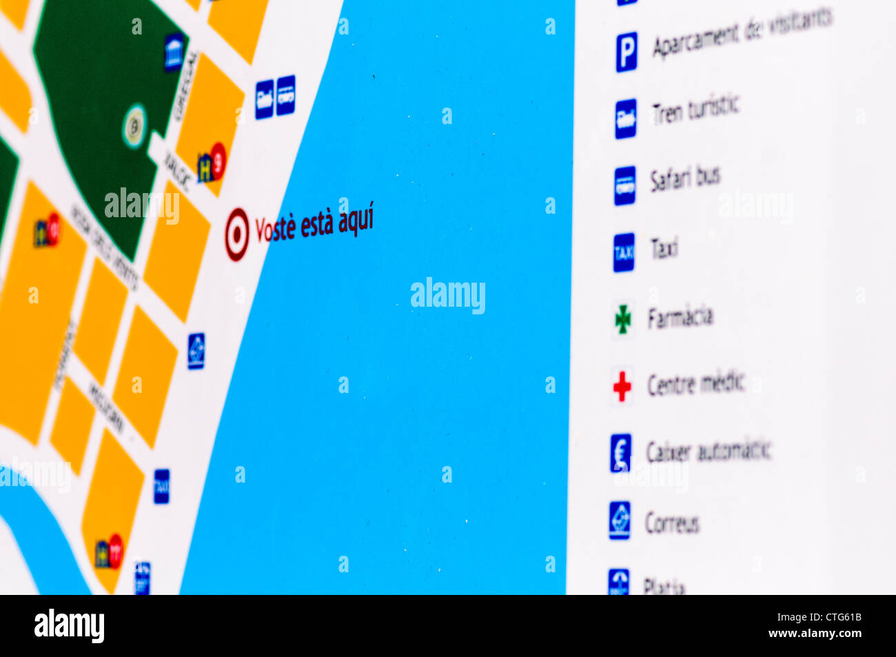 Tourist map of a Spanish seaside resort, with "Vosta esta aqui" (you ...