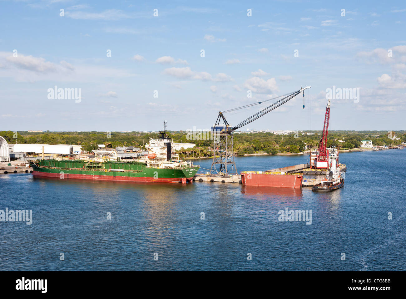 Bitu Mountain, tug boats and a crane barge docked in the St. Johns ...
