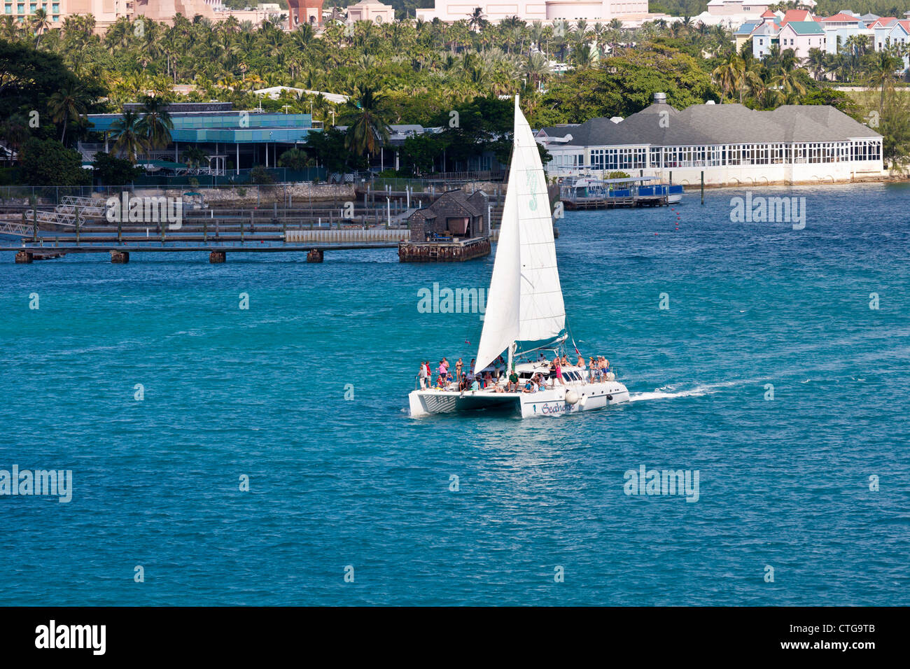 Cruise ship passengers on catamaran excursion tour in Nassau, Bahamas ...
