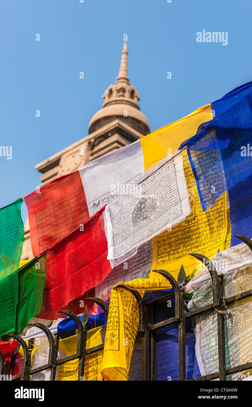 Prayer flags hanging in front of a temple, Varanasi, India Stock Photo ...
