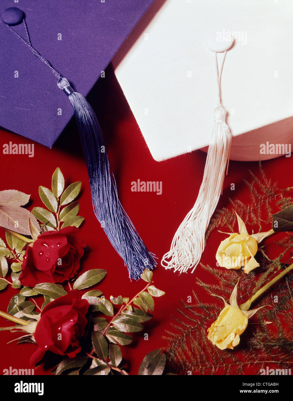 1970s TWO GRADUATION CAPS BLUE WITH RED ROSES WHITE WITH YELLOW ROSES ...