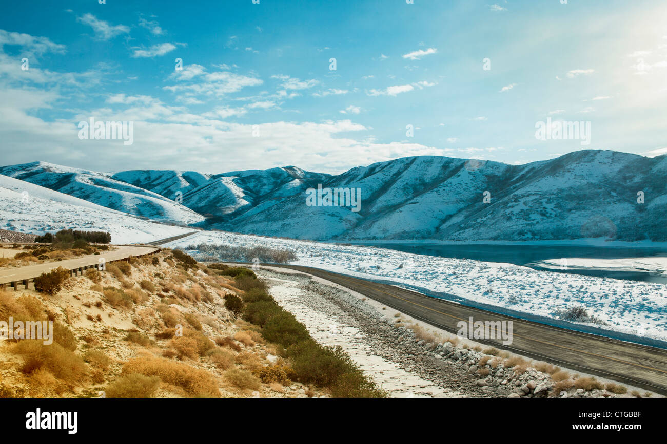 Snow covered valley and hills Stock Photo - Alamy