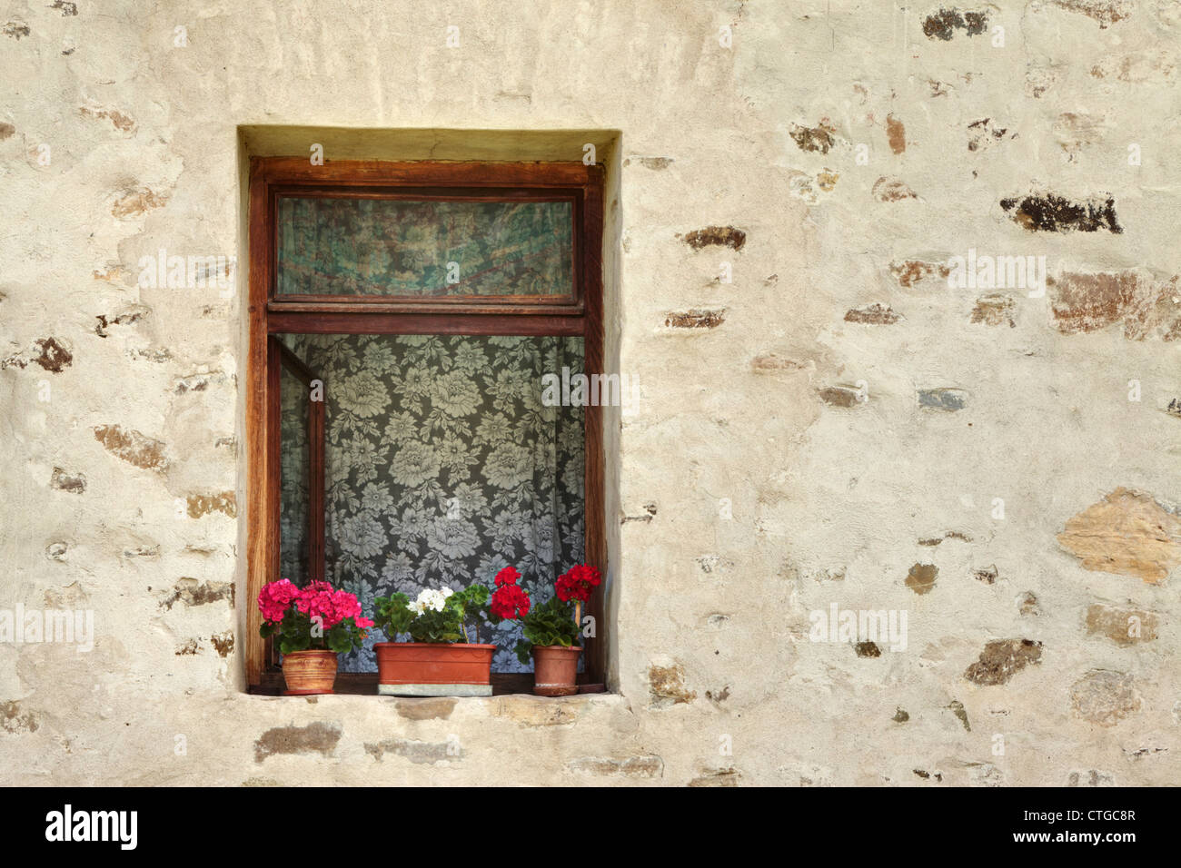 Picturesque window with flowers and lace curtains in an outbuilding on ...
