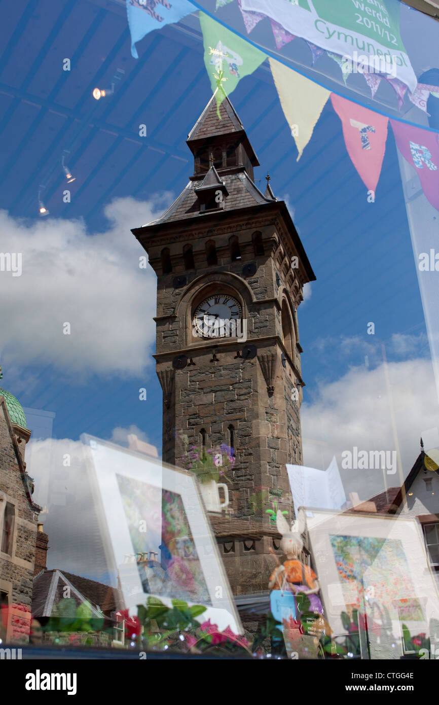 Knighton town clock tower reflected in shop window Knighton Powys Mid ...