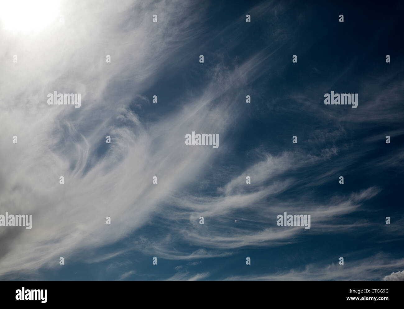 Cirrus clouds, taking long, arcing sweeps across the sky Stock Photo ...