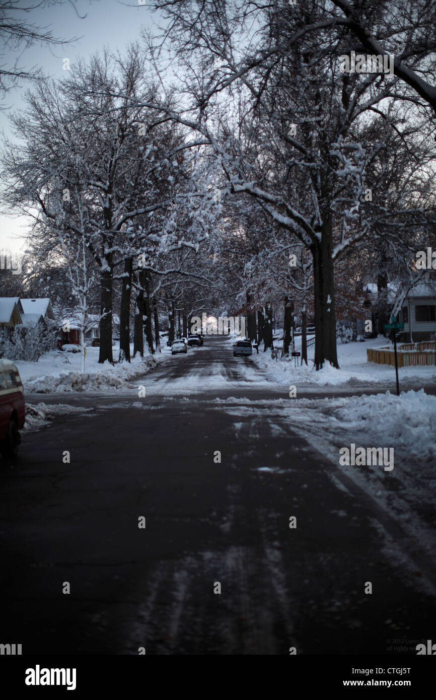 Snowy street in winter Stock Photo - Alamy
