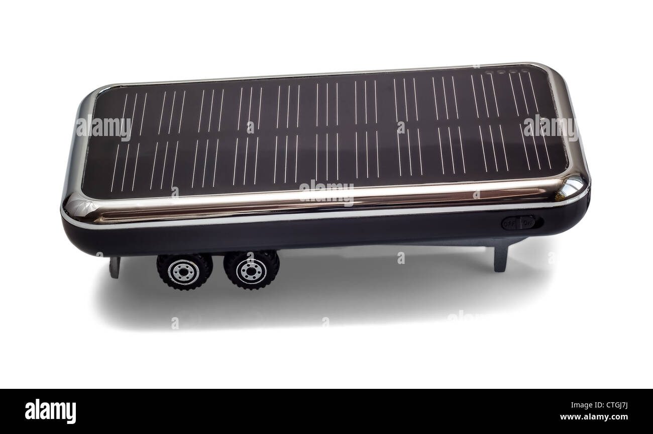 Battery with a solar panel on the trailer isolated on white background ...
