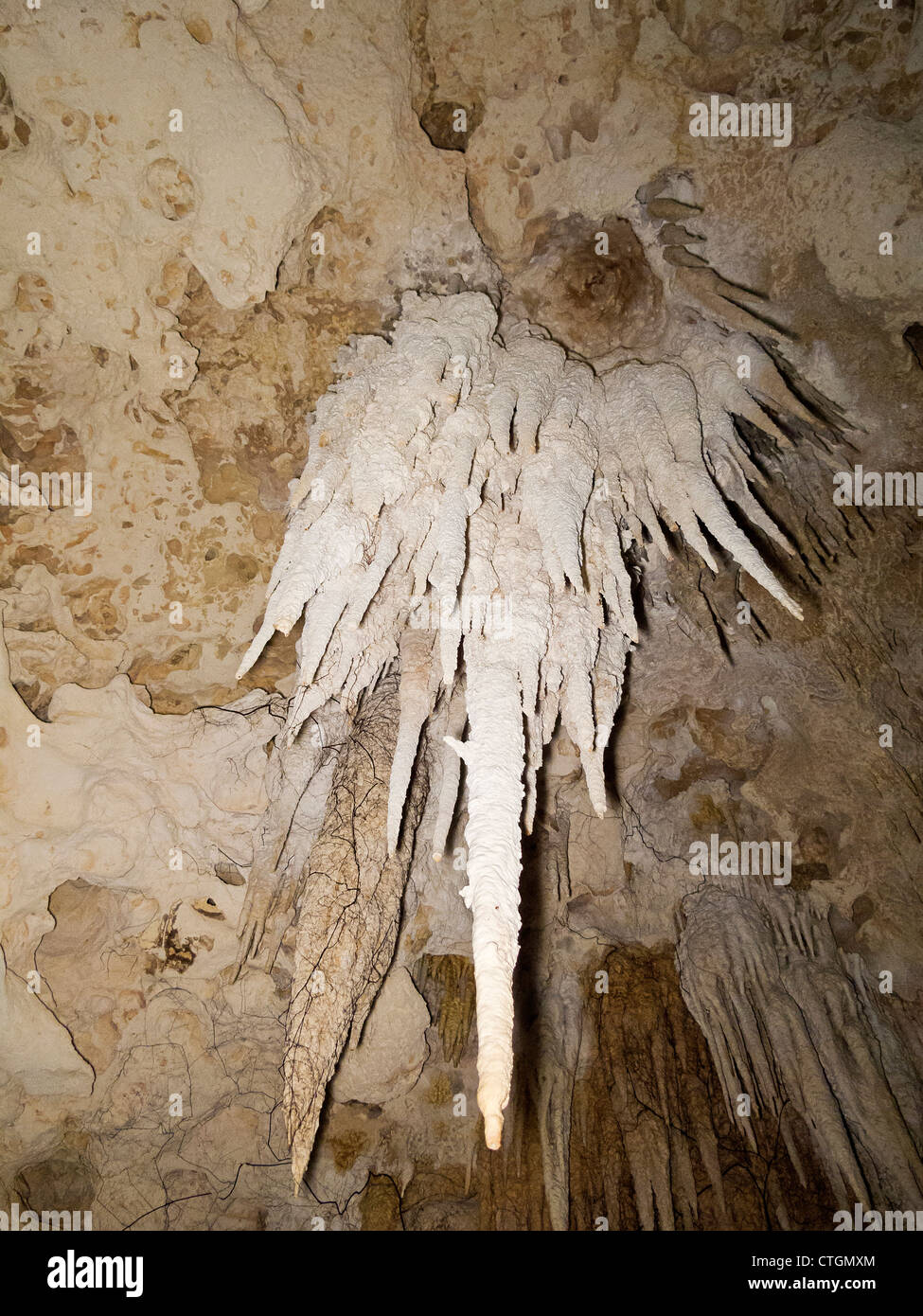 Fantastic rock stalactites drip from ceiling in spears in an ...