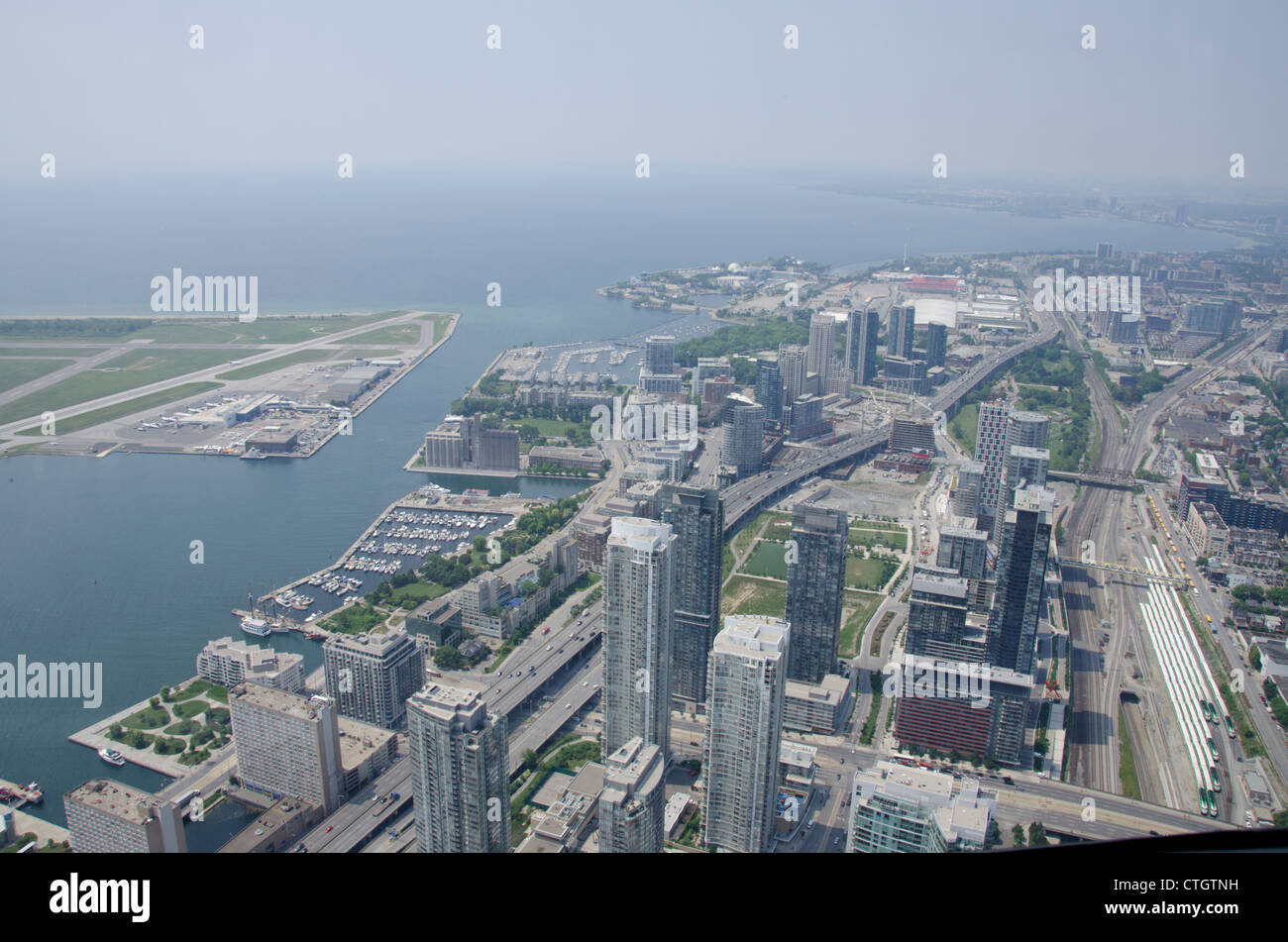 Canada, Ontario, Toronto. Lake Ontario and city overview from CN Tower ...