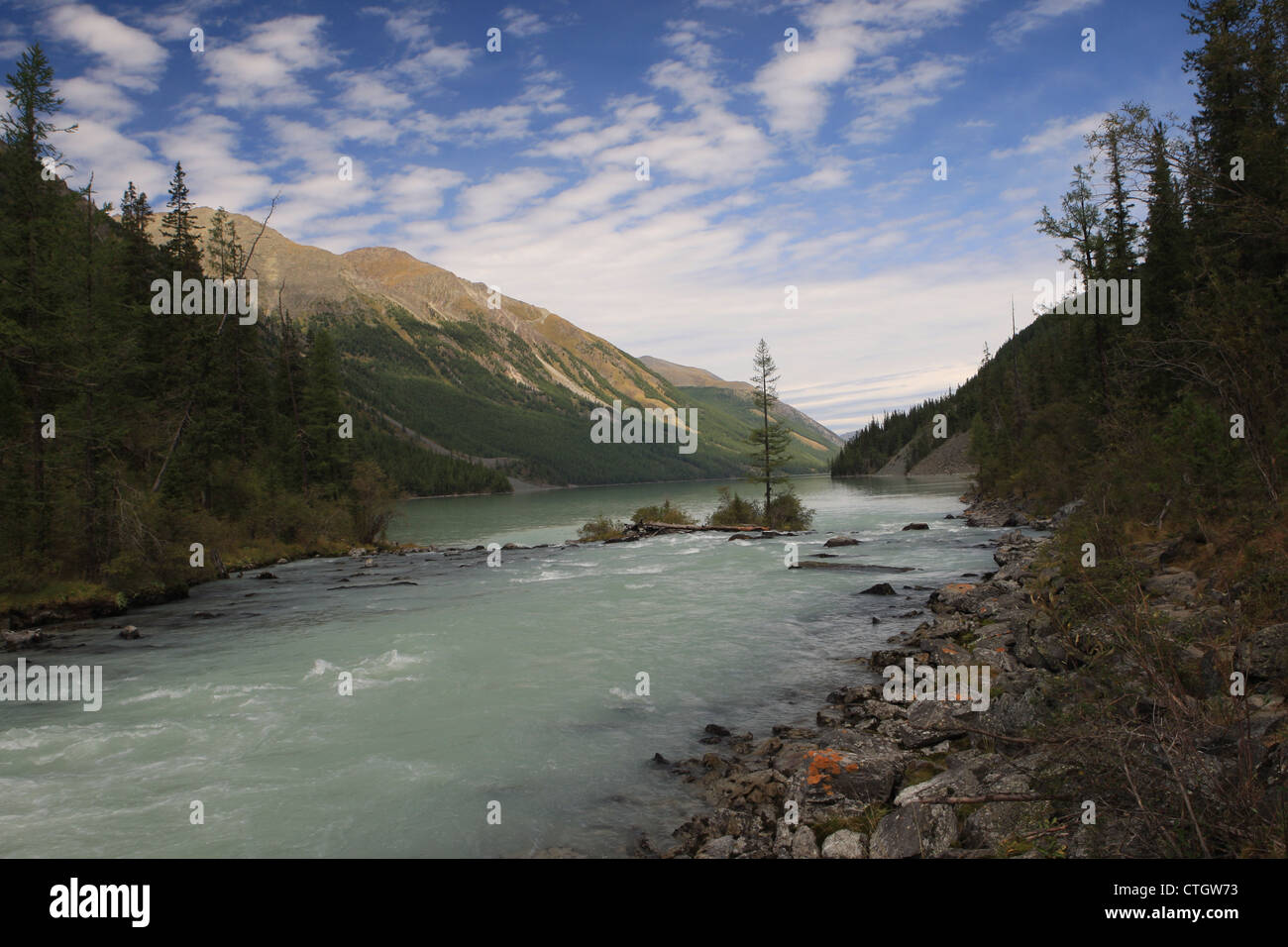 Mountains landscape with river and Lake Stock Photo - Alamy
