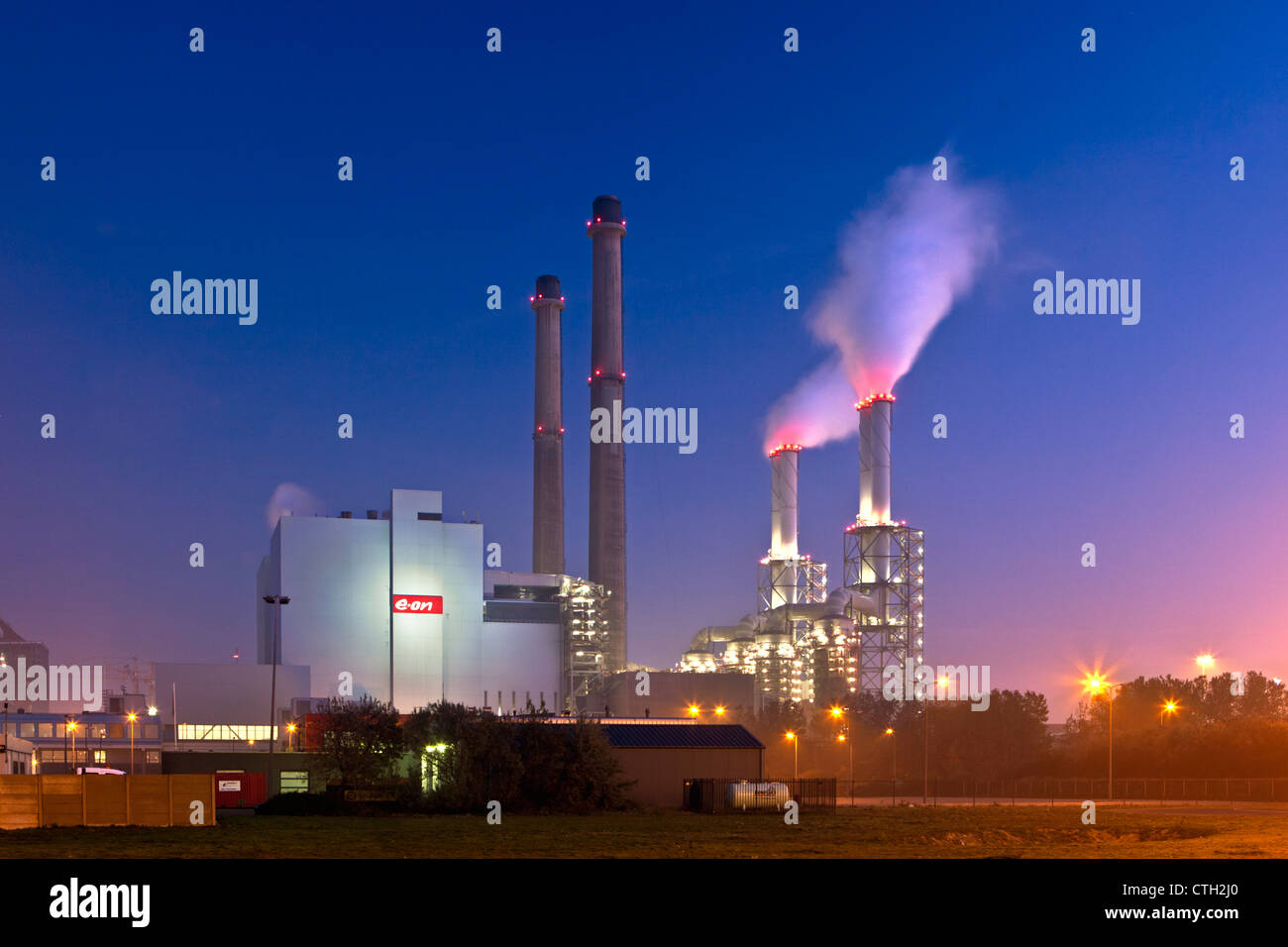 The Netherlands, Rotterdam, Port, Power plant. Dawn. Seaport, Port of ...