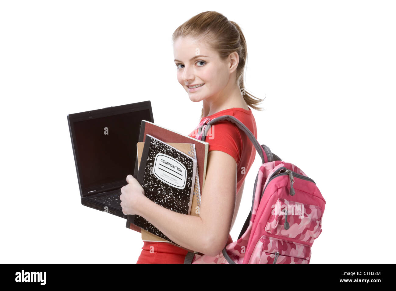 friendly Caucasian High school student schoolgirl with backpack ...