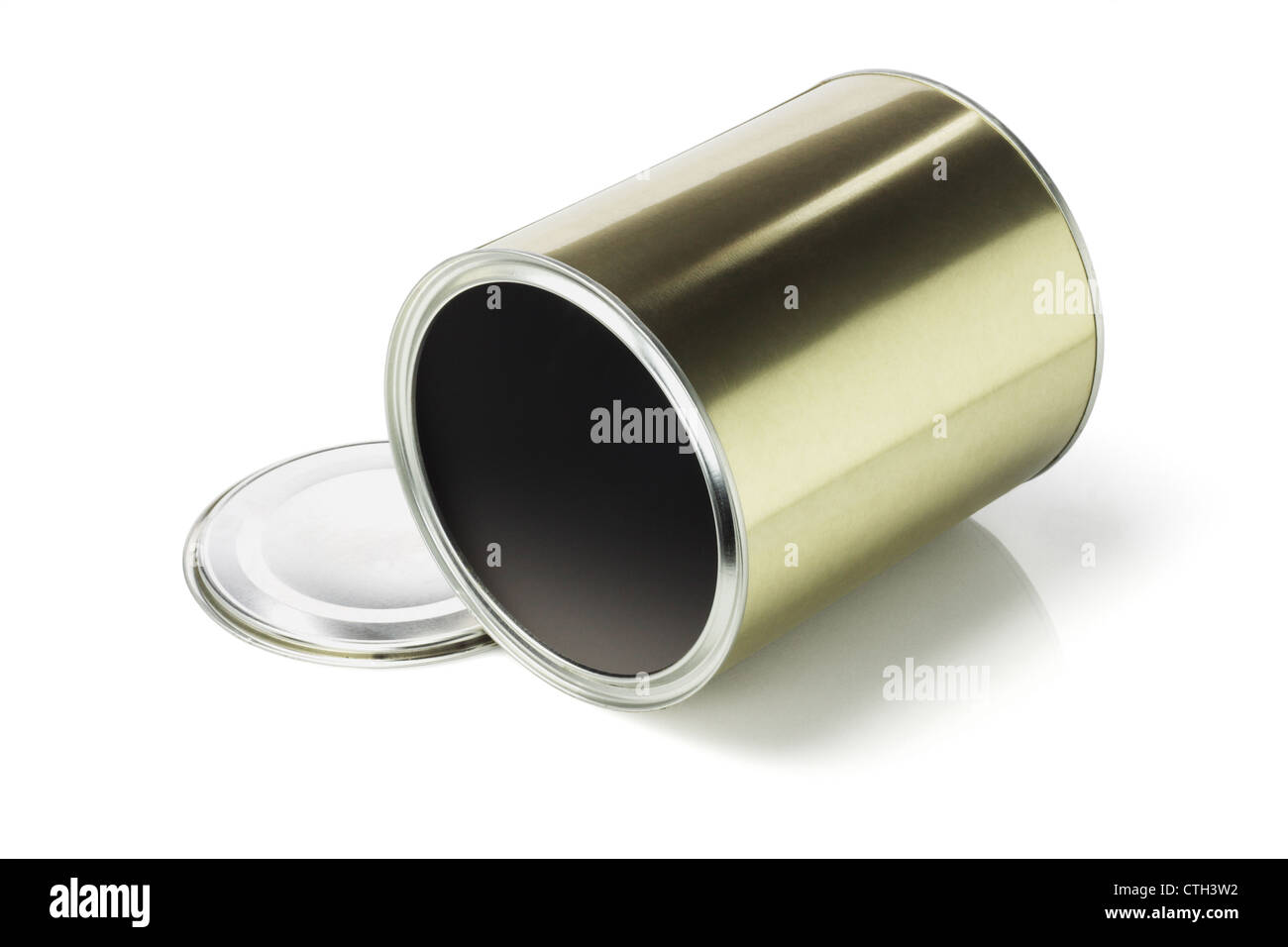 Open Empty Tin Can lying on White Background Stock Photo - Alamy