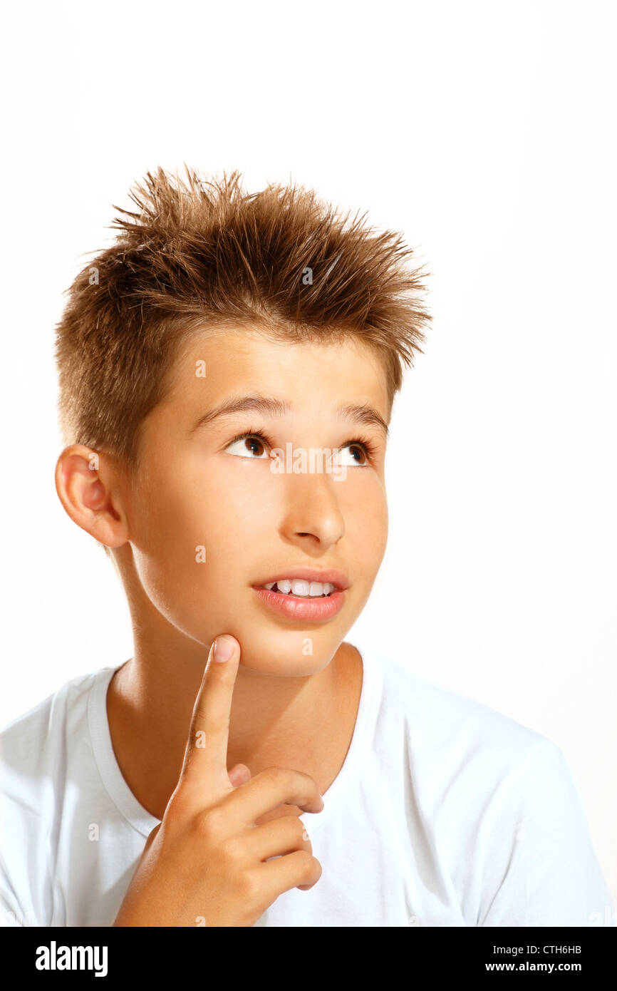 thinking boy on white Stock Photo - Alamy