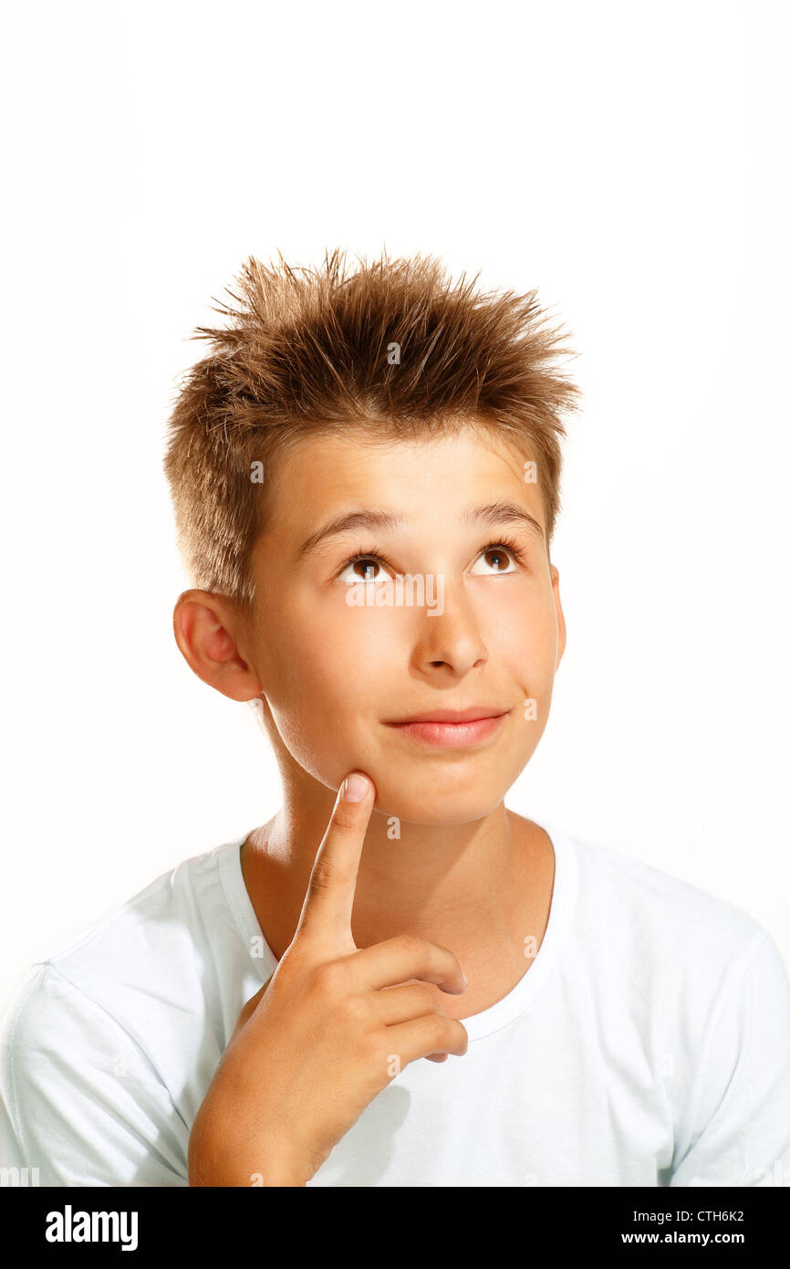 thinking boy on white Stock Photo - Alamy