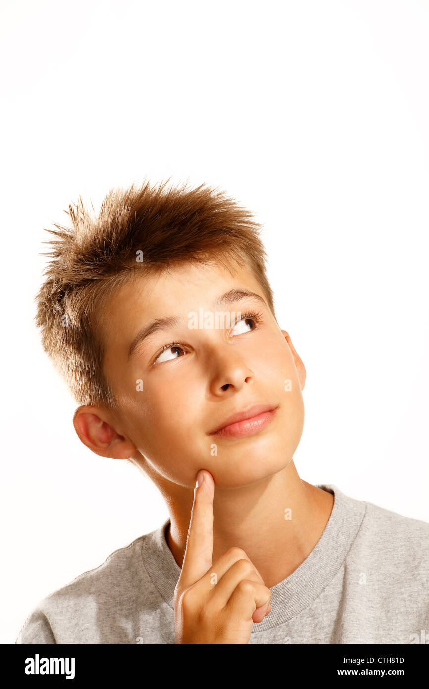 contemplative boy on white Stock Photo - Alamy