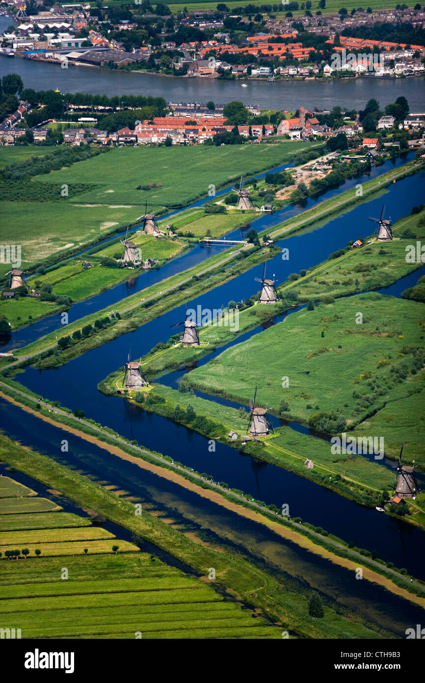 The Netherlands, Kinderdijk near Rotterdam. Windmills in polder. Aerial ...