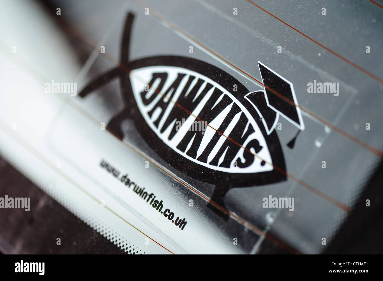 Richard Dawkins Darwin fish on the back windscreen of a car Stock Photo ...