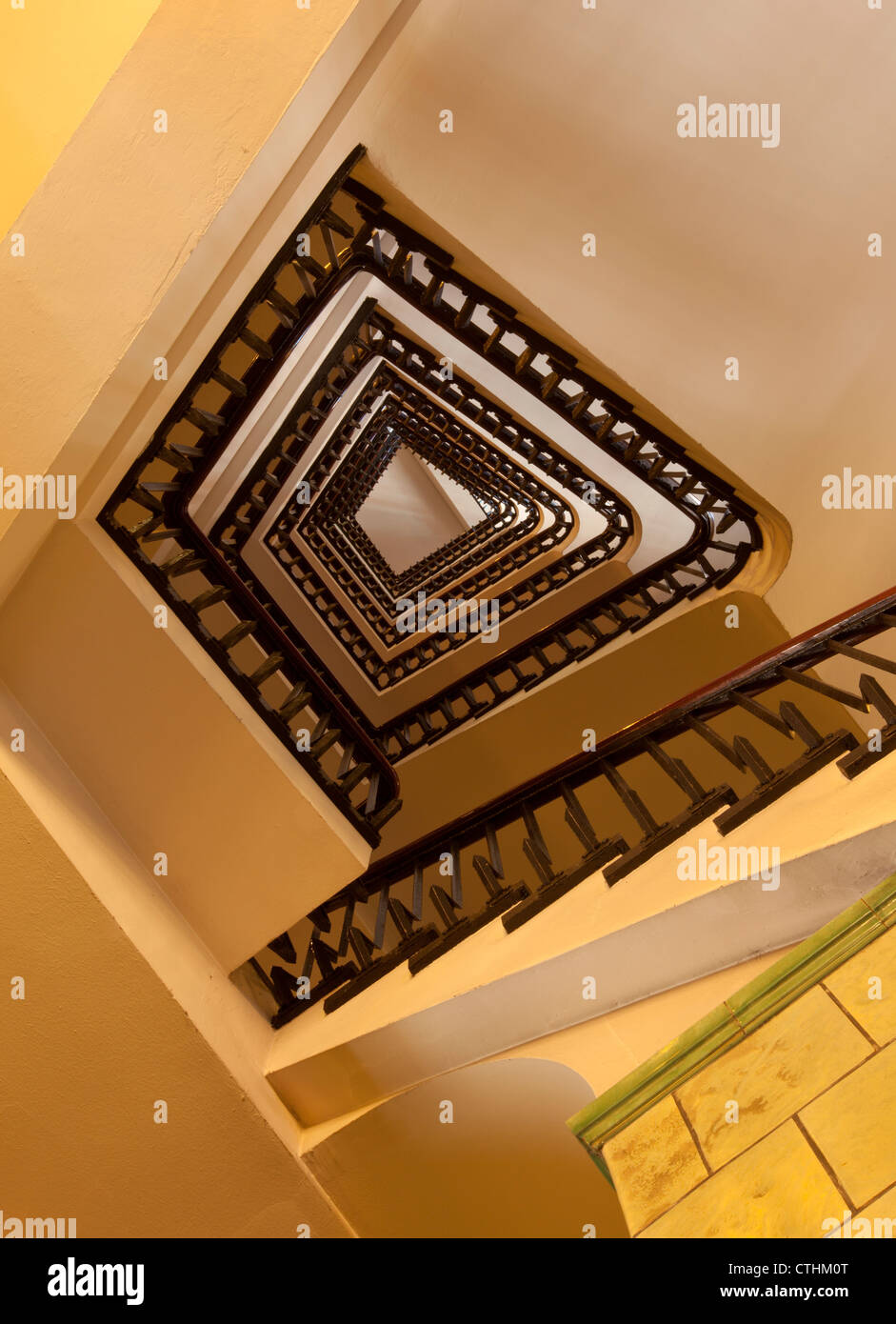 Irregularly shaped staircase at Chilehaus, Hamburg. View from below ...