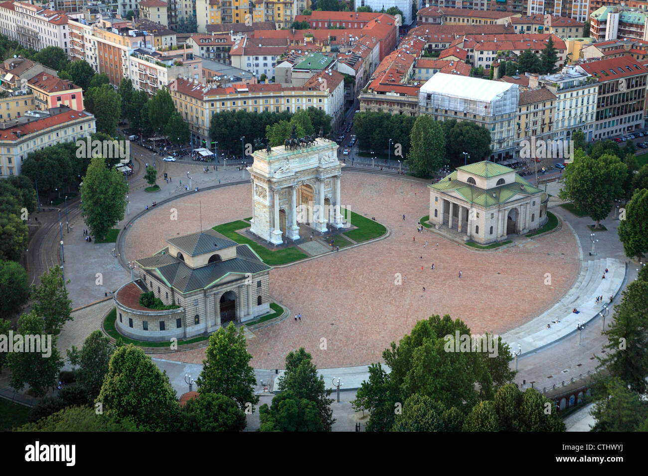 Arch of Peace, or Simplon Gate, seen from Branca tower, in Milan, Italy ...