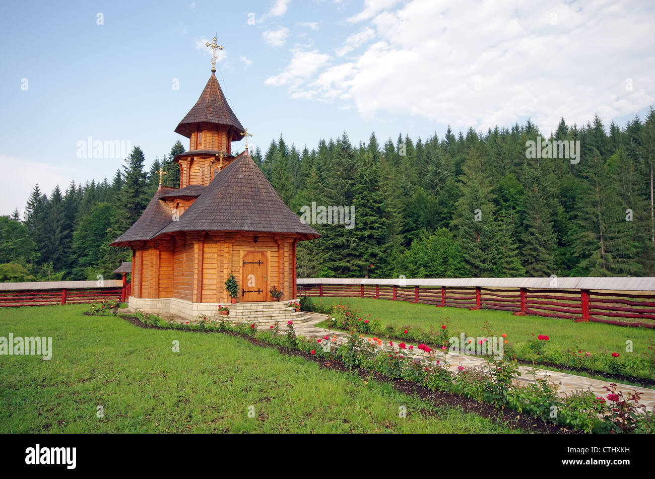 Small wooden church near the forest, Sihastria Putnei monastery Stock ...
