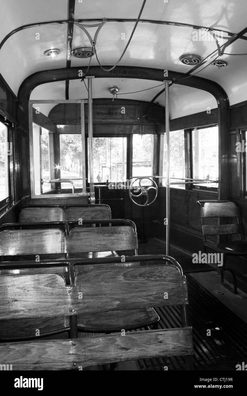 Ancient trolley interior photo- black and white Stock Photo - Alamy