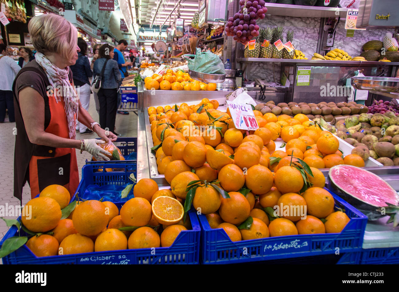 Oranges and fruits at Central market of Valencia. Modernism ...