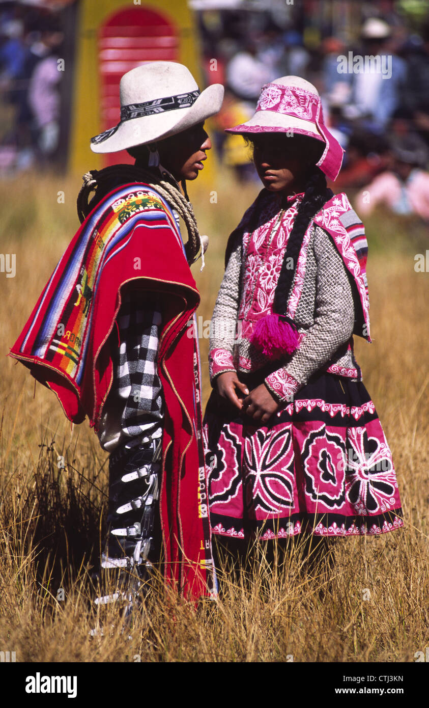 Quechua couple at Raqchi traditional dance festival. Cuzco Department ...
