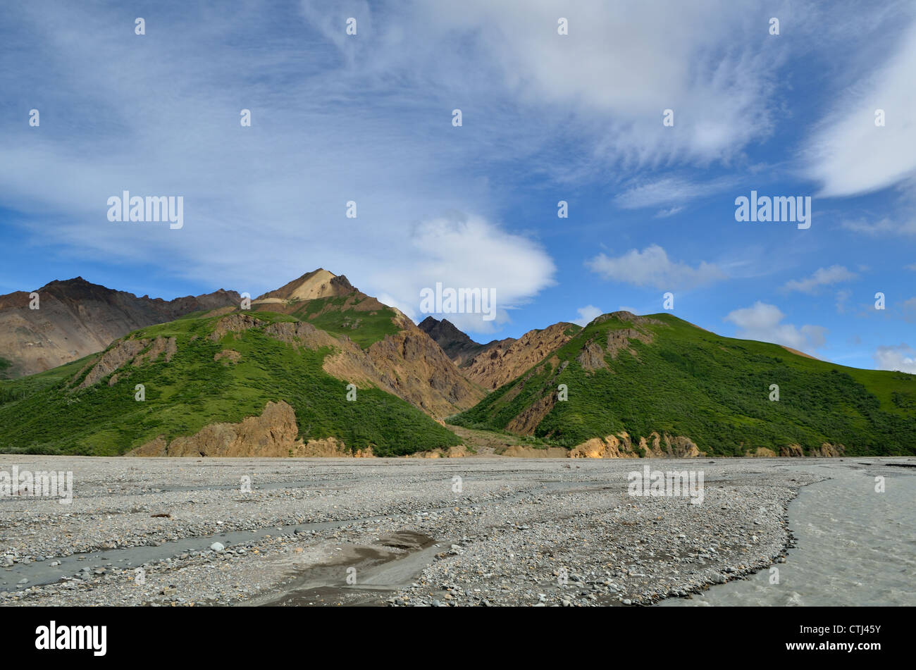 Gravel bed of the Toklat River and surrounding mountains. Denali ...