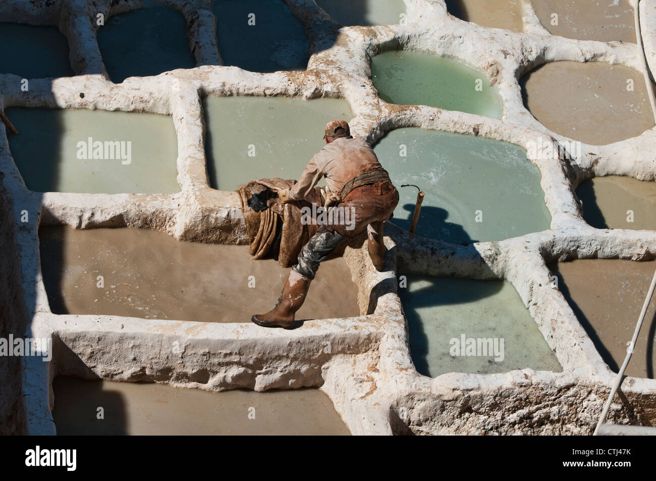 worker in the thousand year old leather tannery in the ancient medina ...