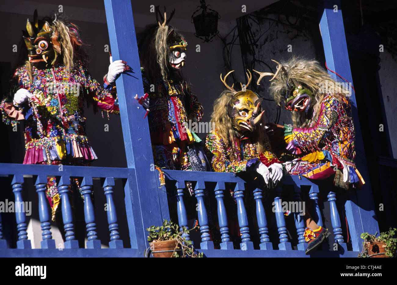 Masked "Saqra" dancers during the Virgen del Carmen fiesta. Paucartambo ...