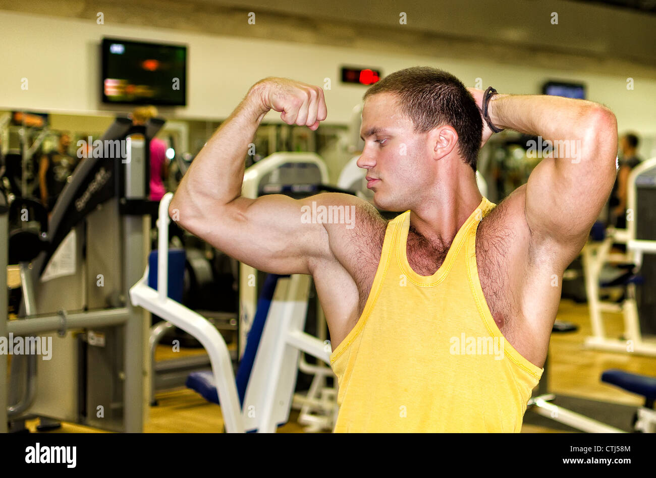 Handsome bodybuilder showing his muscular arms in gym Stock Photo - Alamy