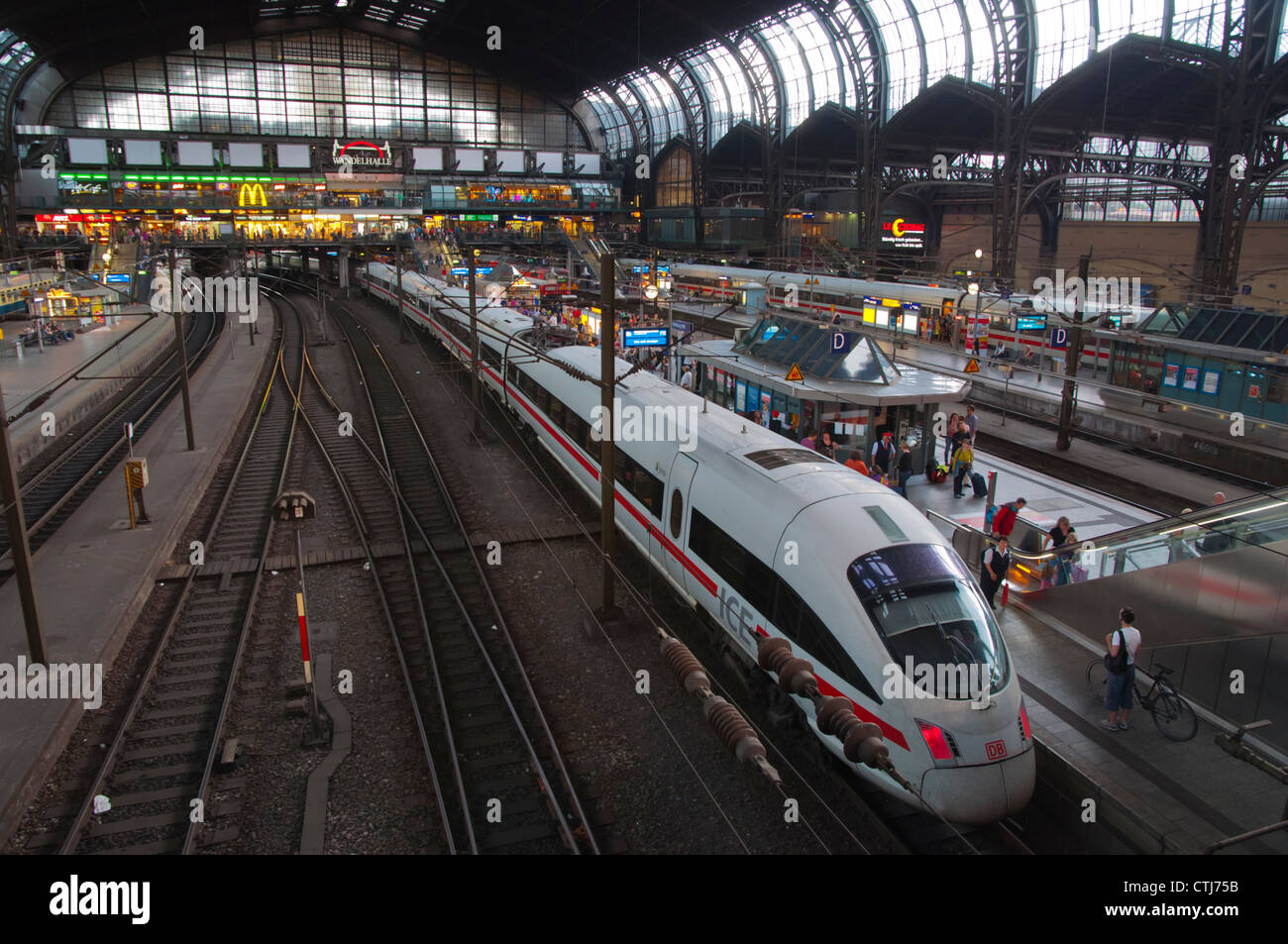 Fast ICE train at Hauptbahnhof the main railway station Hamburg Germany ...