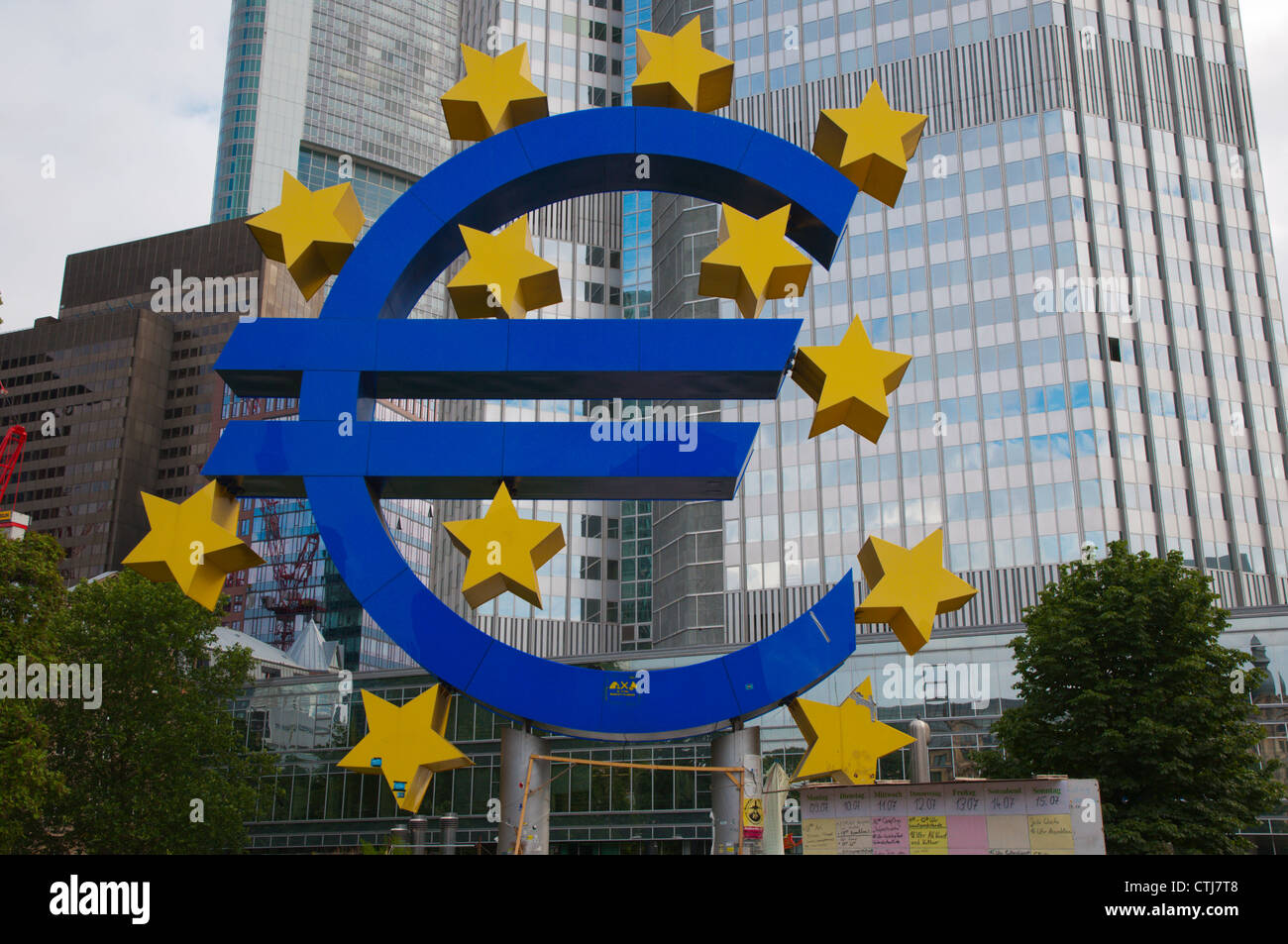 Euro sign in front of EuroTower building Frankfurt am Main city state ...