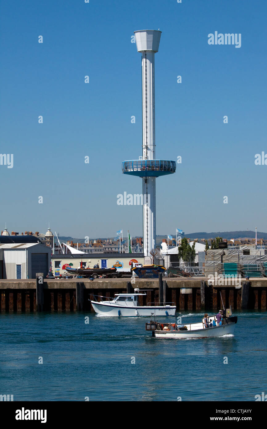 Two boats pass through the Old Harbour at Weymouth in front of the ...