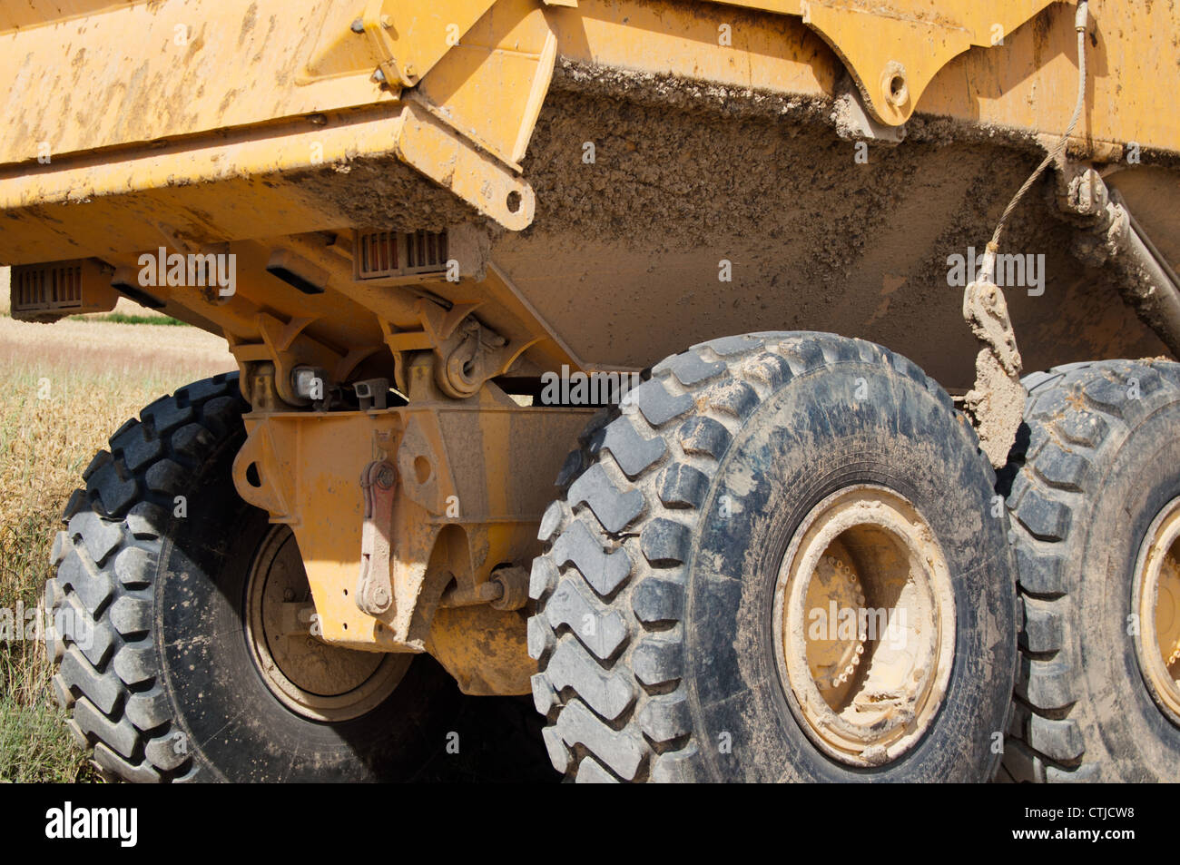 Large yellow mining truck with huge tires at construction site Stock ...