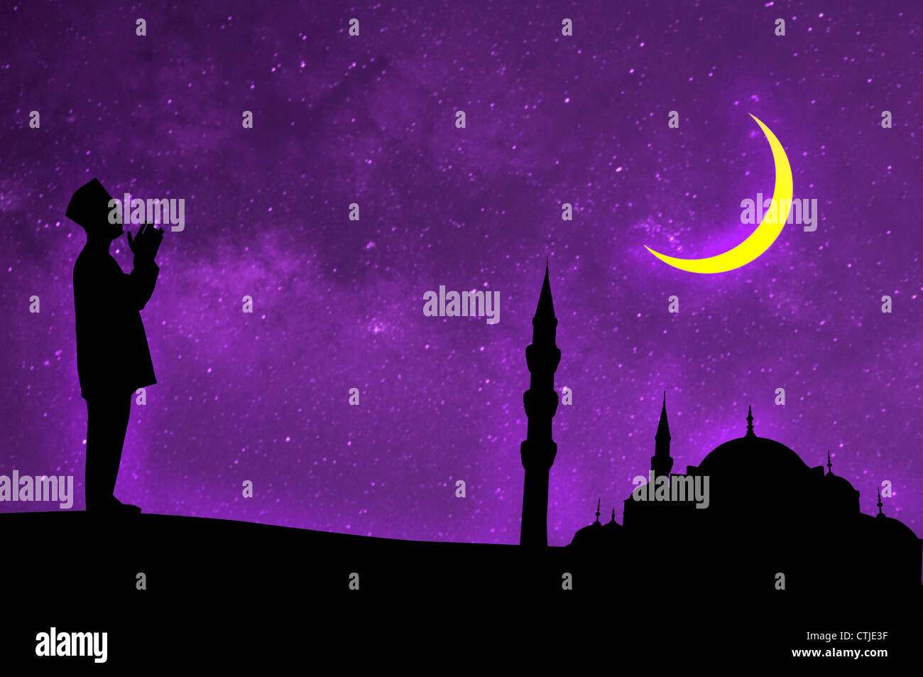 silhouette of a muslim male praying on the desert, islamic architecture ...