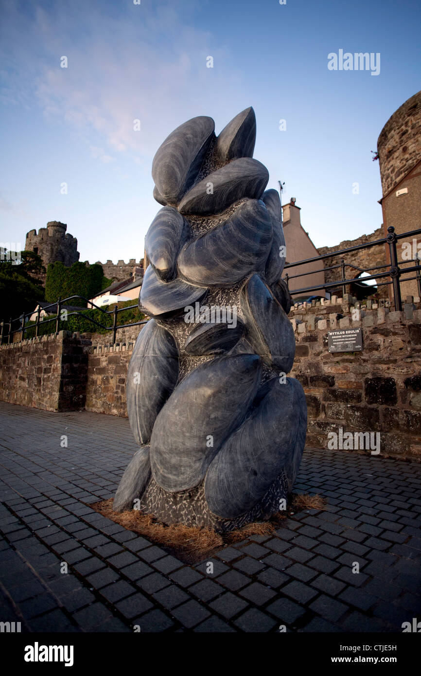 A limestone sculpture of blue mussels Mytilus Edulis on Conwy Quay by ...