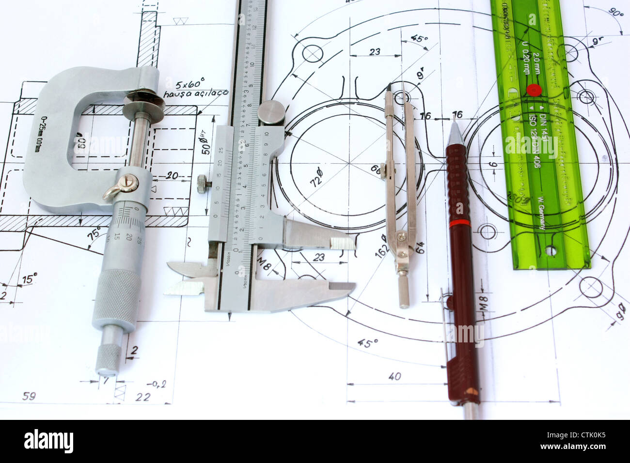 Micrometer, Caliper, Mechanical Pencil, Compass and template ruler on ...