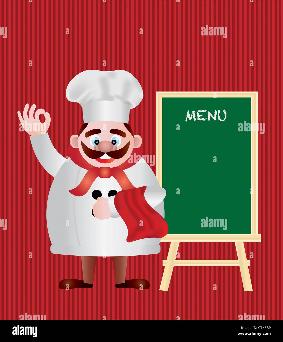 Chef with Menu Sign Chalkboard on Red Stripes Background Illustration ...
