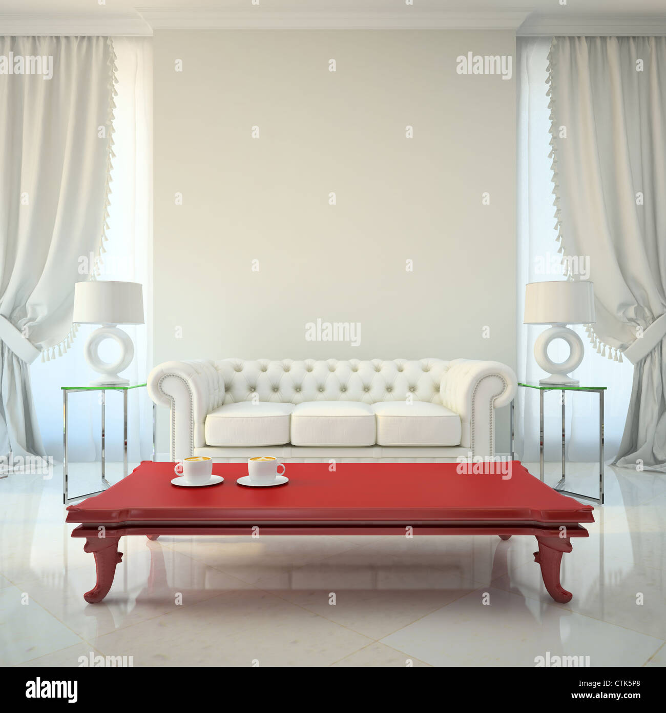 Modern interior with red table 3D rendering Stock Photo - Alamy