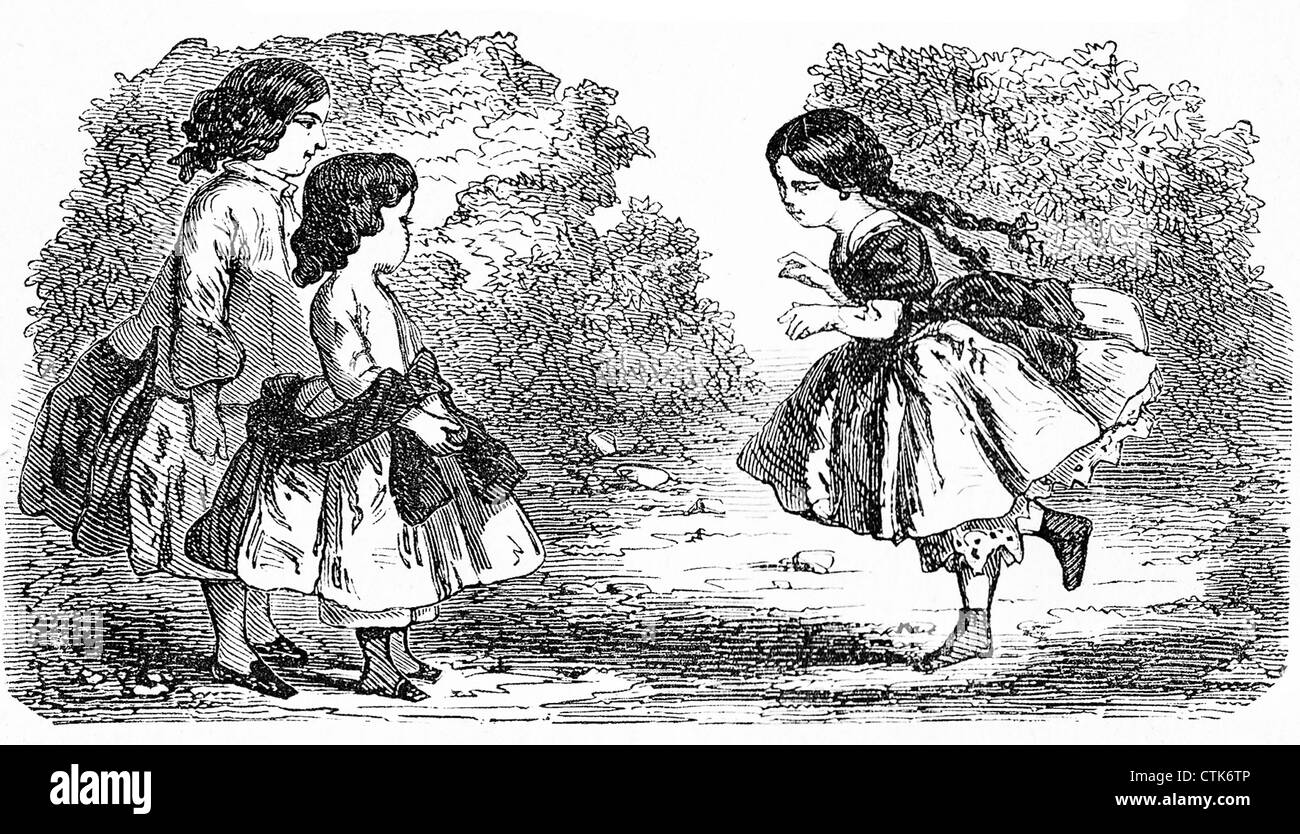 Girls playing in the garden hopscotch, tossing objects and hopping into ...