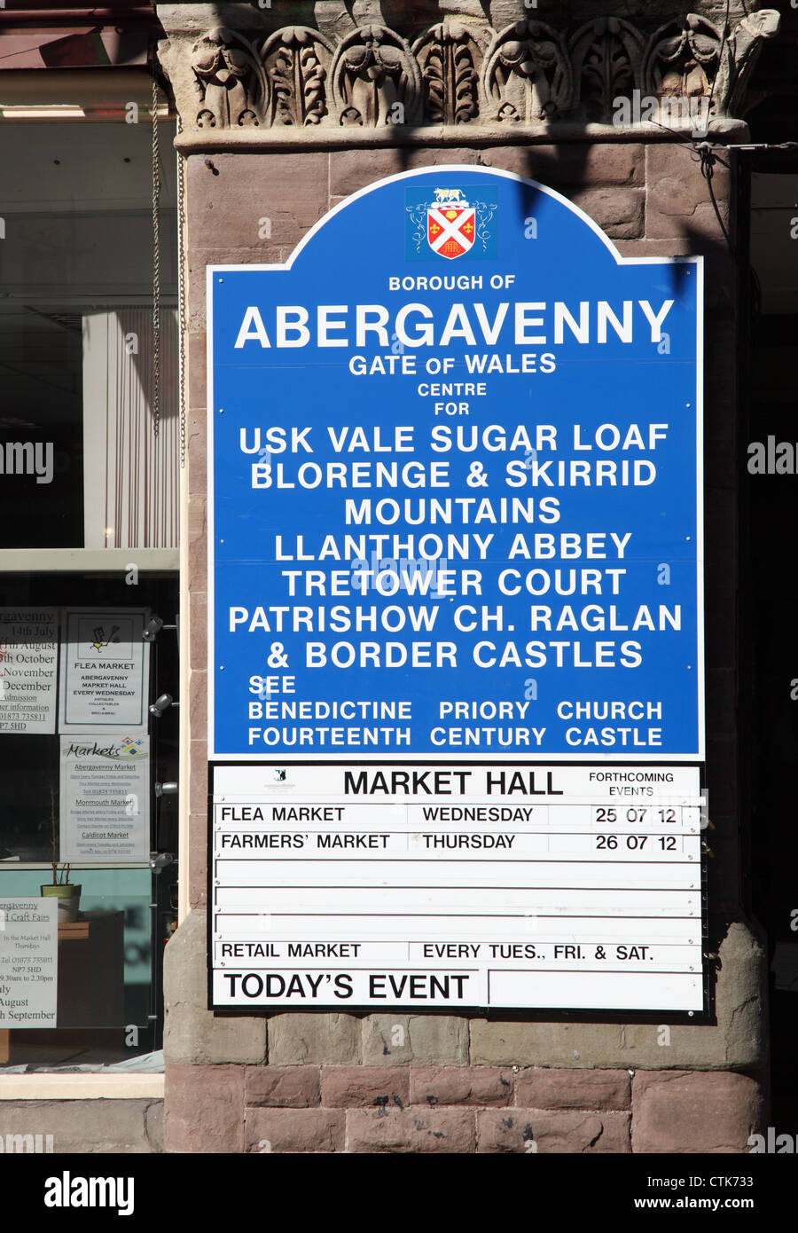 Sign or notice outside Abergavenny market hall listing local tourist ...