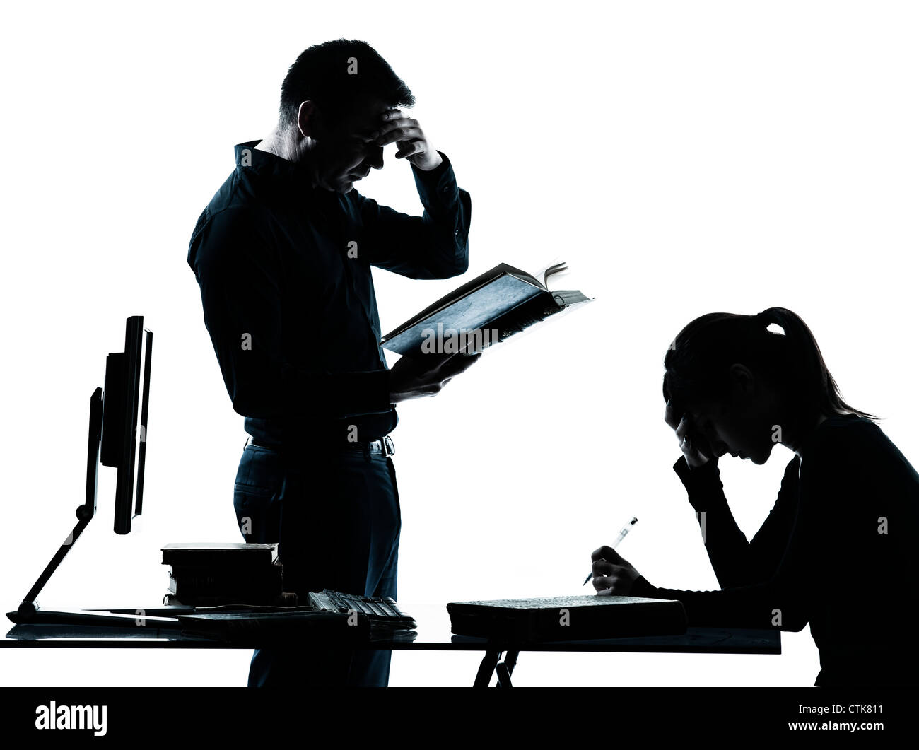 one man father professor and student teenager girl helping for homework ...